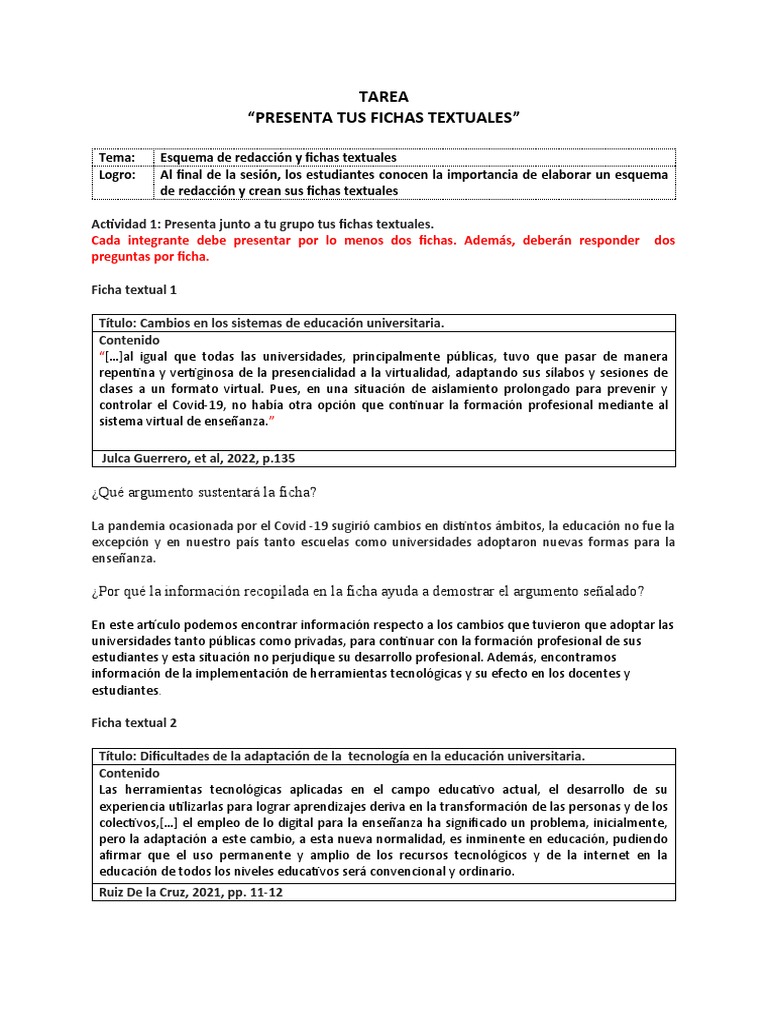 Semana 09 - Tema 02 Tarea - Presenta tus fichas textuales - Grupo N°001 | PDF