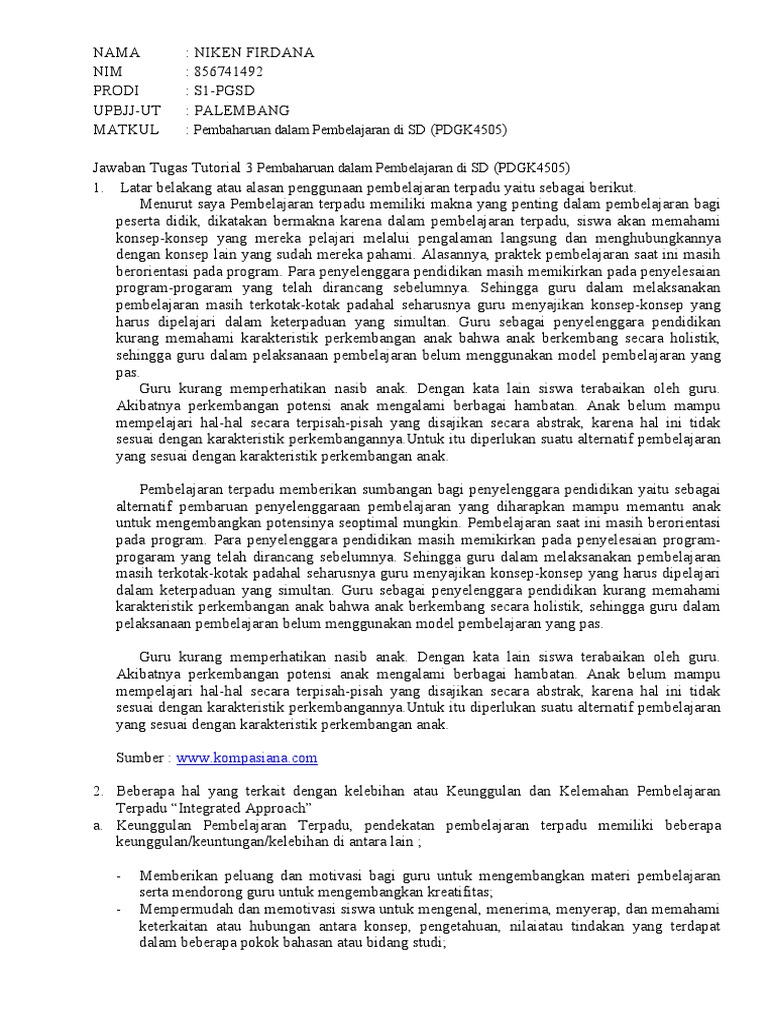 Tugas 3 Pembaharuan Dalam Pembelajaran Di SD (PDGK4505) | PDF | Karier & Perkembangan ...
