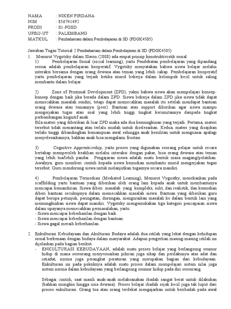 Tugas 2 Pembaharuan Dalam Pembelajaran Di SD (PDGK4505) | PDF | Karier & Perkembangan