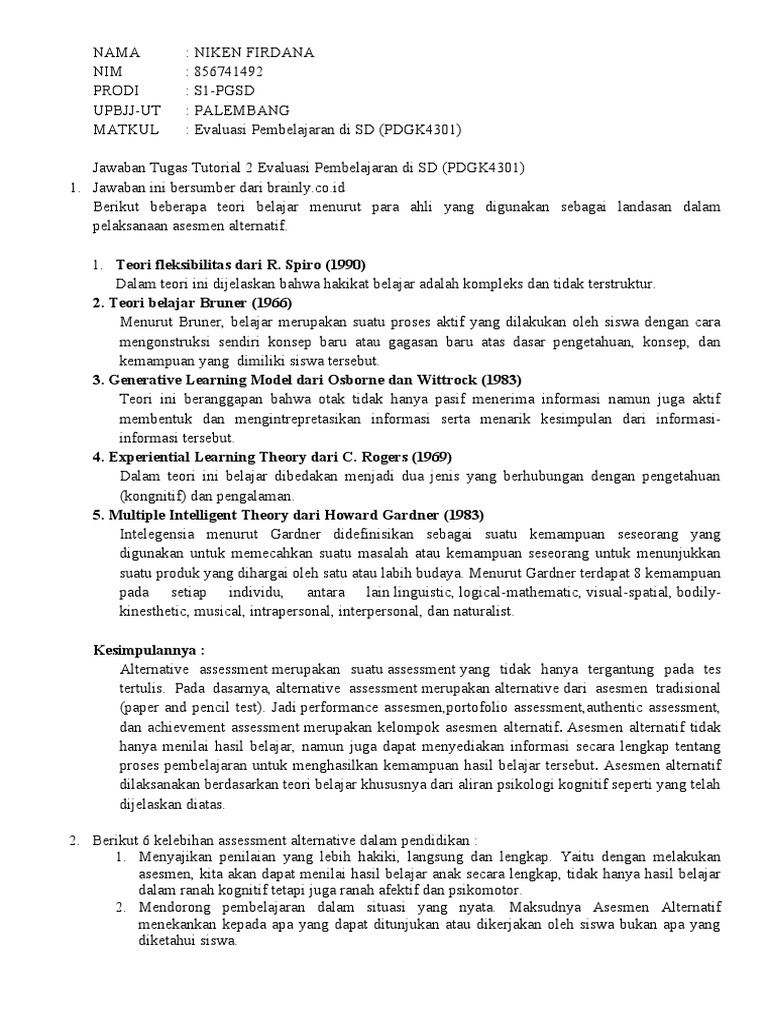 Tugas 2 Evaluasi Pembelajaran Di SD (PDGK4301) | PDF