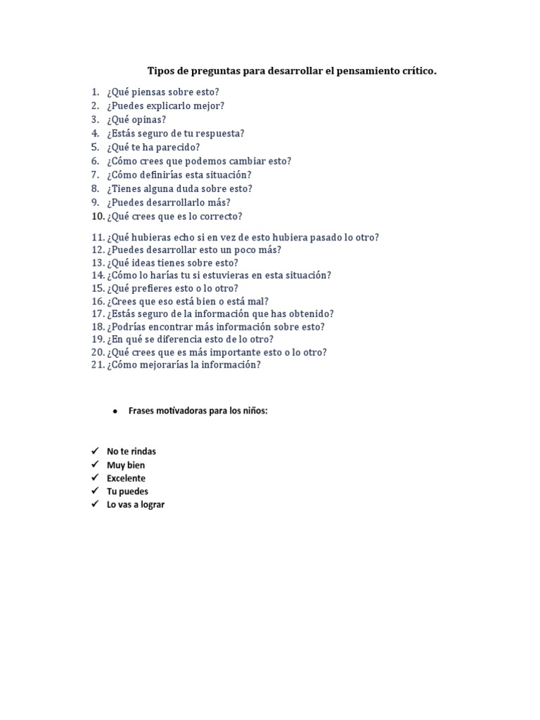 Tipos de Preguntas para Desarrollar El Pensamiento Crítico | PDF | Cognición | Ciencia cognitiva