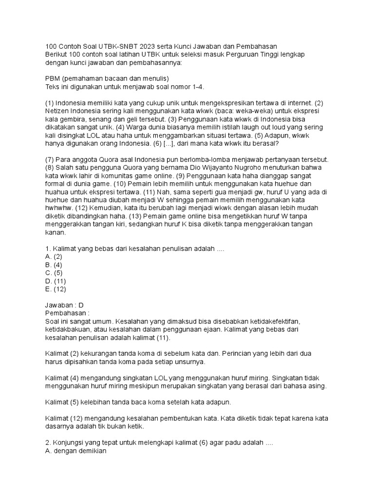 100 Contoh Soal UTBK | PDF