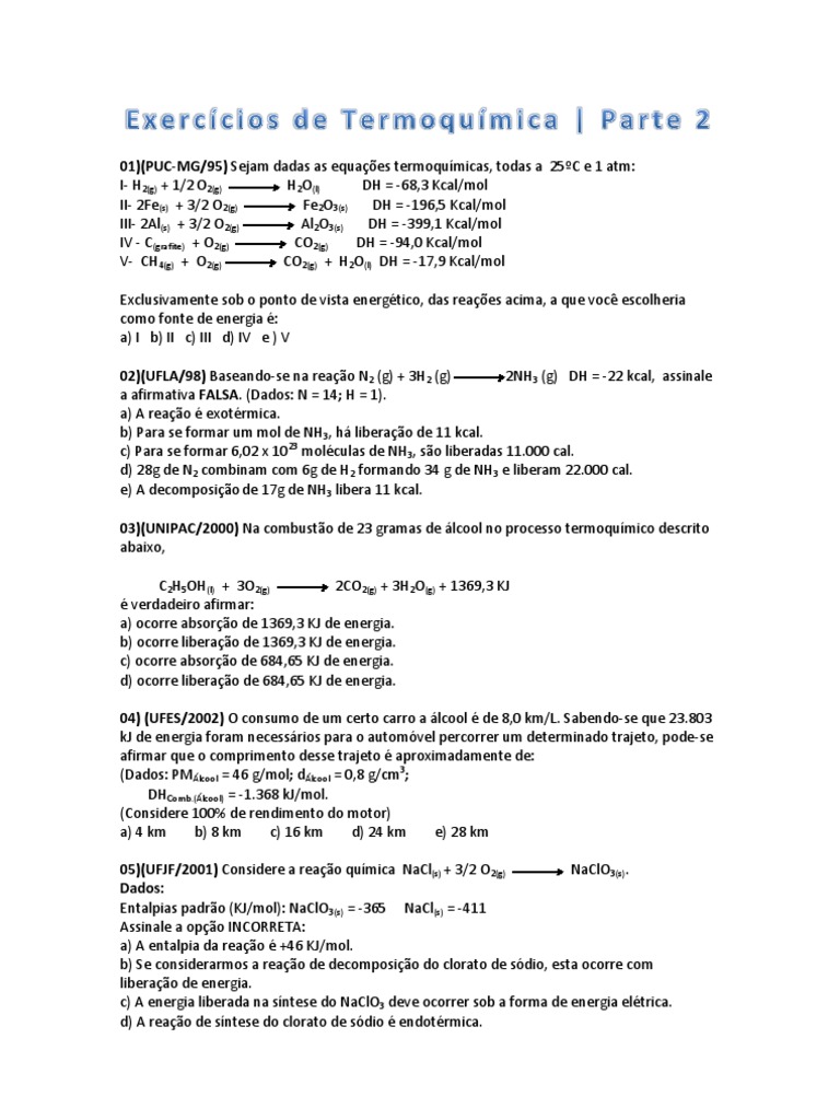 Exercícios de Termoquímica - 2 | PDF | Combustão | Entalpia