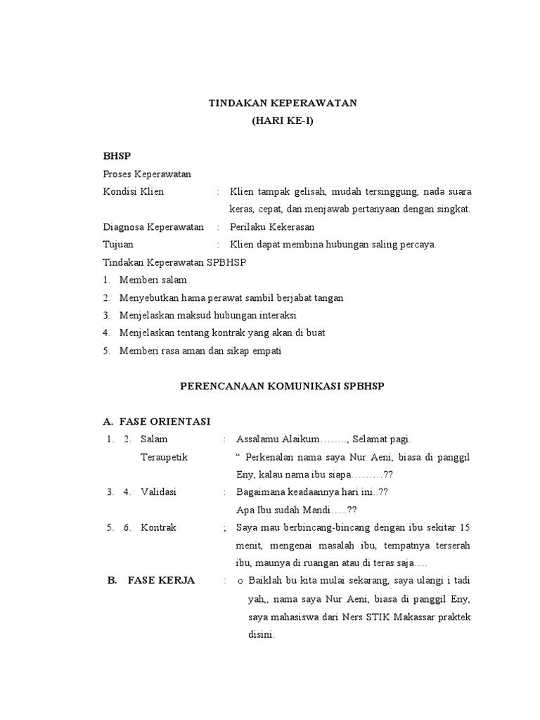 Tindakan Keperawatan (Hari Ke-I) BHSP | PDF
