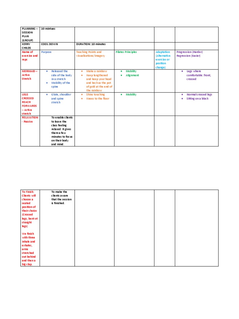 Pilates Cool Down Session Plan | PDF