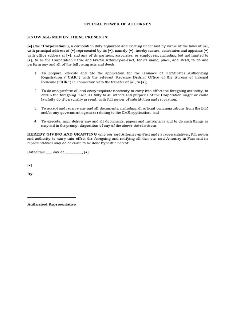 SPA For BIR CAR For Shares of Stock | PDF | Power Of Attorney | Civil ...