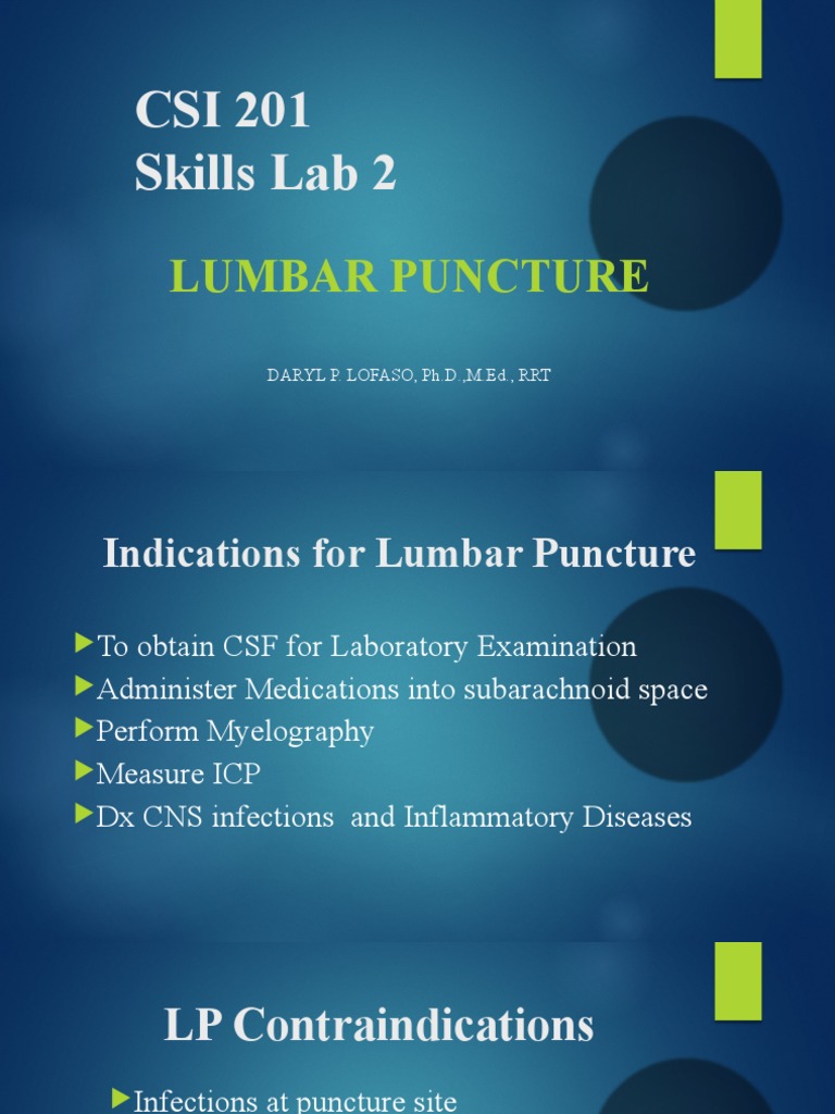 Csi 201 Skills Lab 2 Lumbar Puncture Update 5 25 2021 Pdf Cerebrospinal Fluid