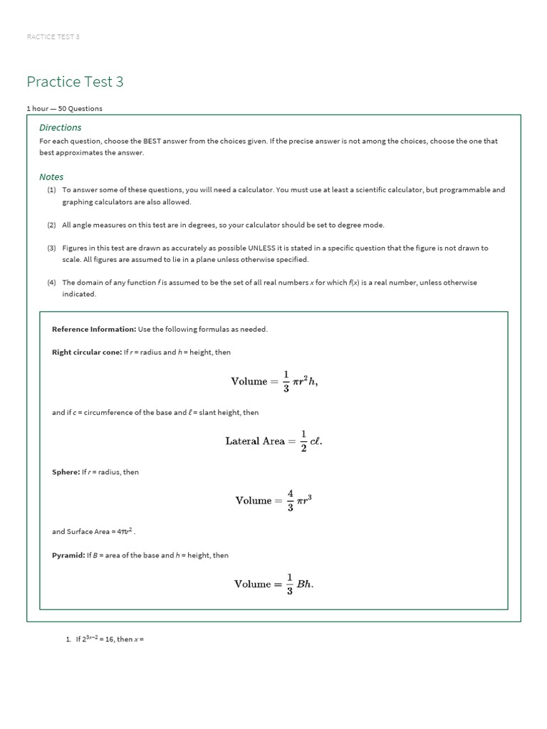 SAT Subject Math Level 1 Practice Test 3 | PDF | Sat | Mean