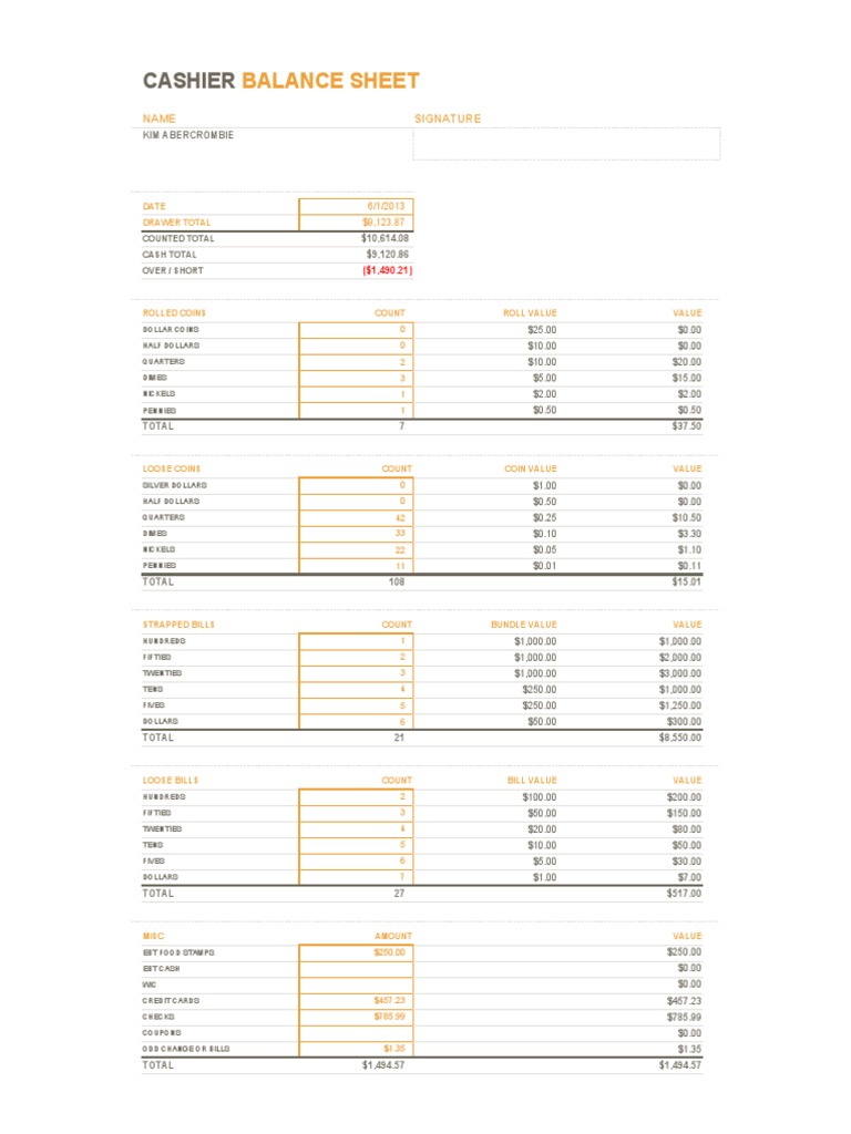 Cashier Balance Sheet Summary | PDF | United States Dollar | Coins