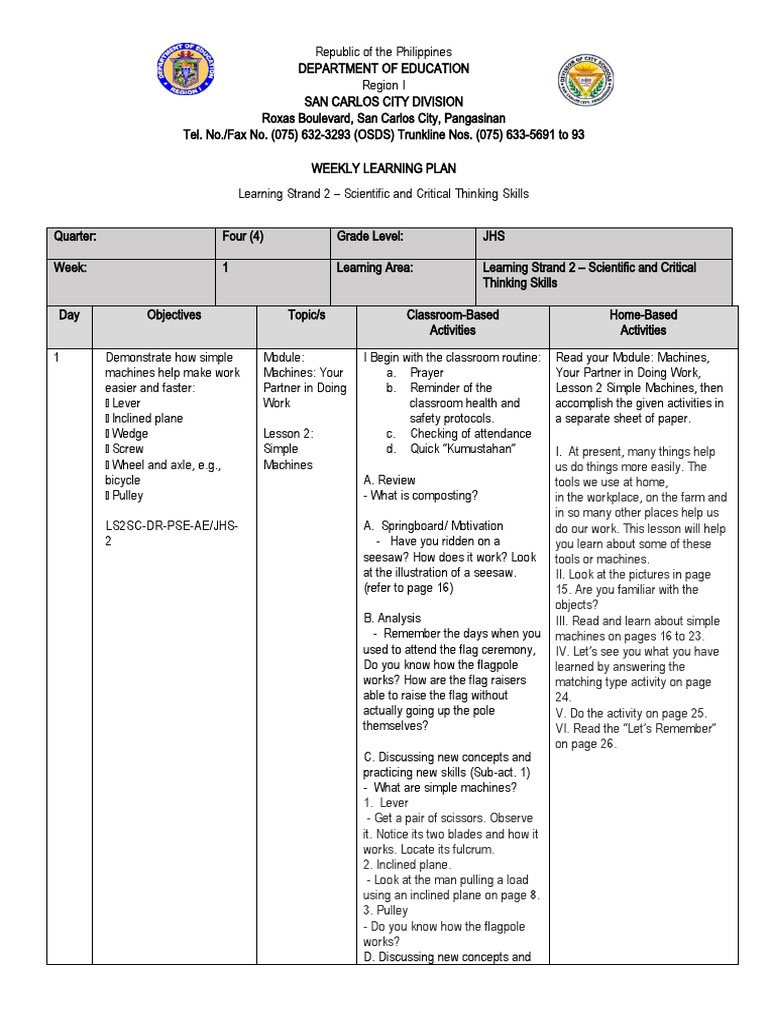 WLP JHS LS2 Q4 W1 April 25 29 2022 | PDF | Machines | Tools