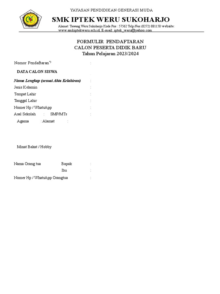 Formulir Pendaftaran SMK IPTEK Weru | PDF