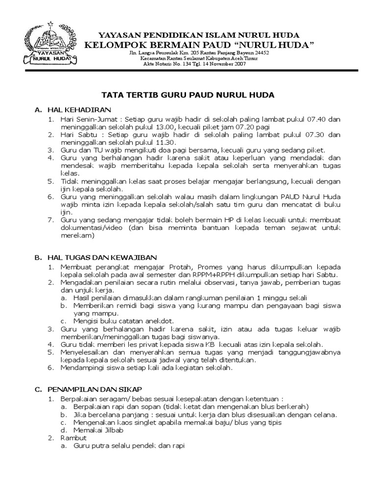 Tata Tertib Guru Paud KB Nurul Huda | PDF