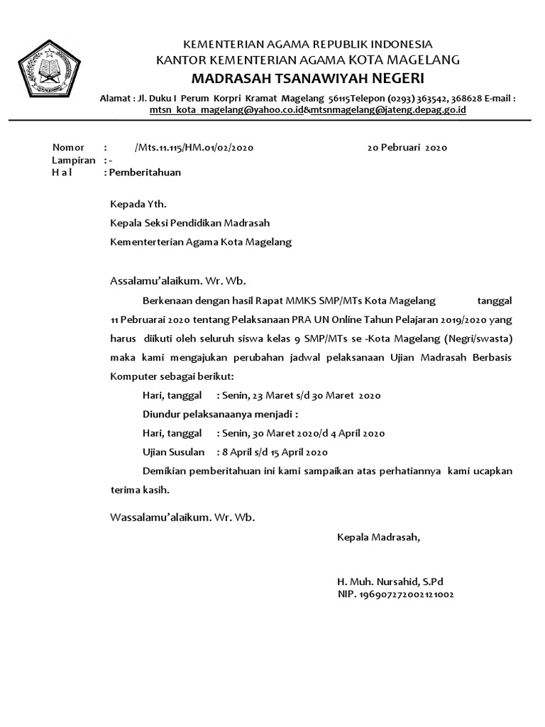 Surat Pemberitahuan Siswa | PDF