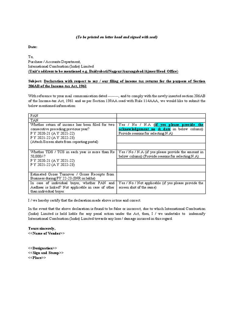Vendor Income Tax Declaration Format | PDF