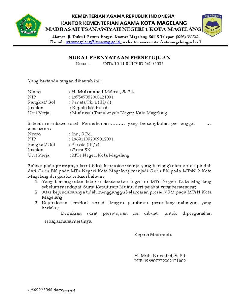 Surat Persetujuan Mutasi | PDF