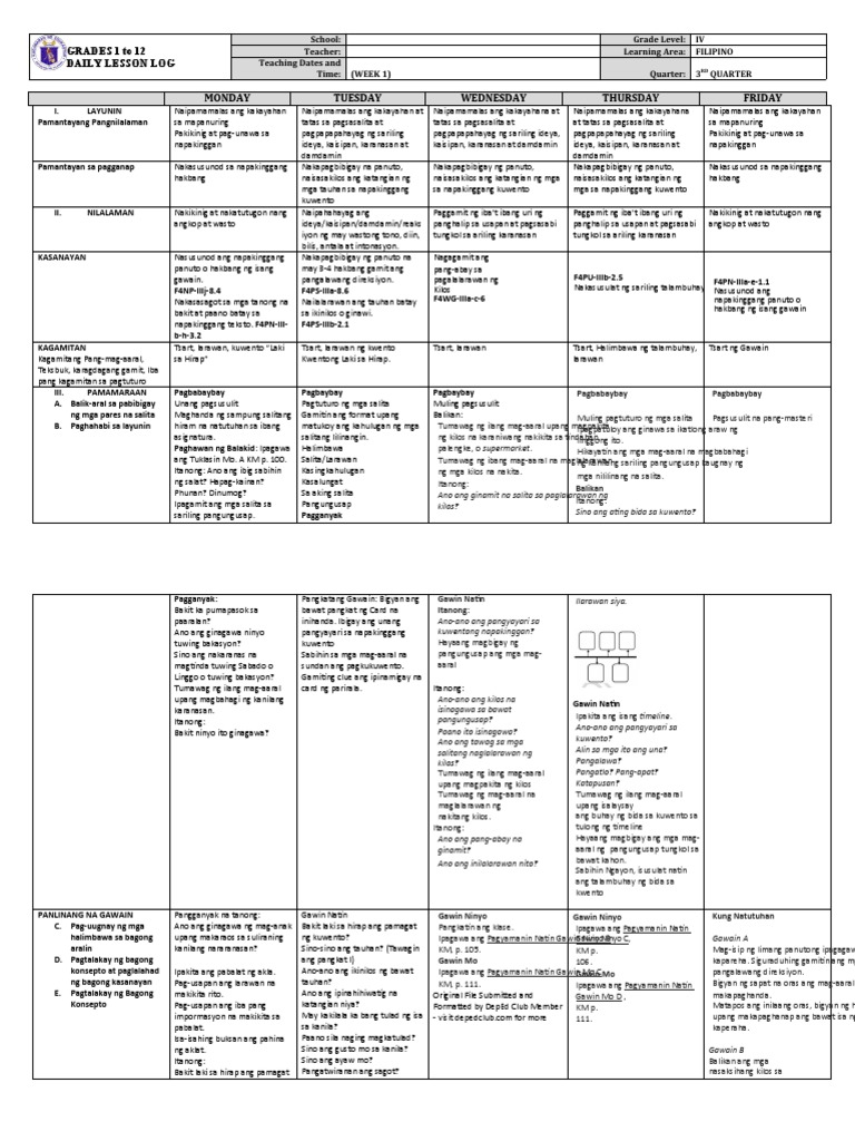DLL - Filipino 4 - Q3 - W1 | PDF