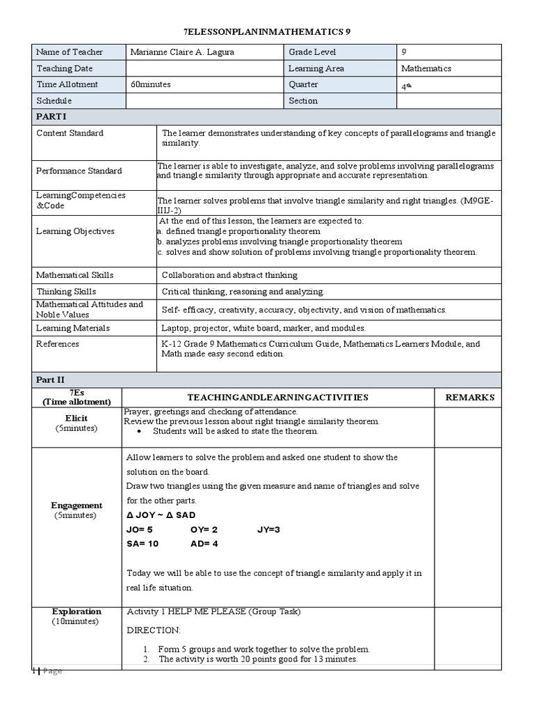 7E Lesson Plan | PDF | Mathematics | Learning