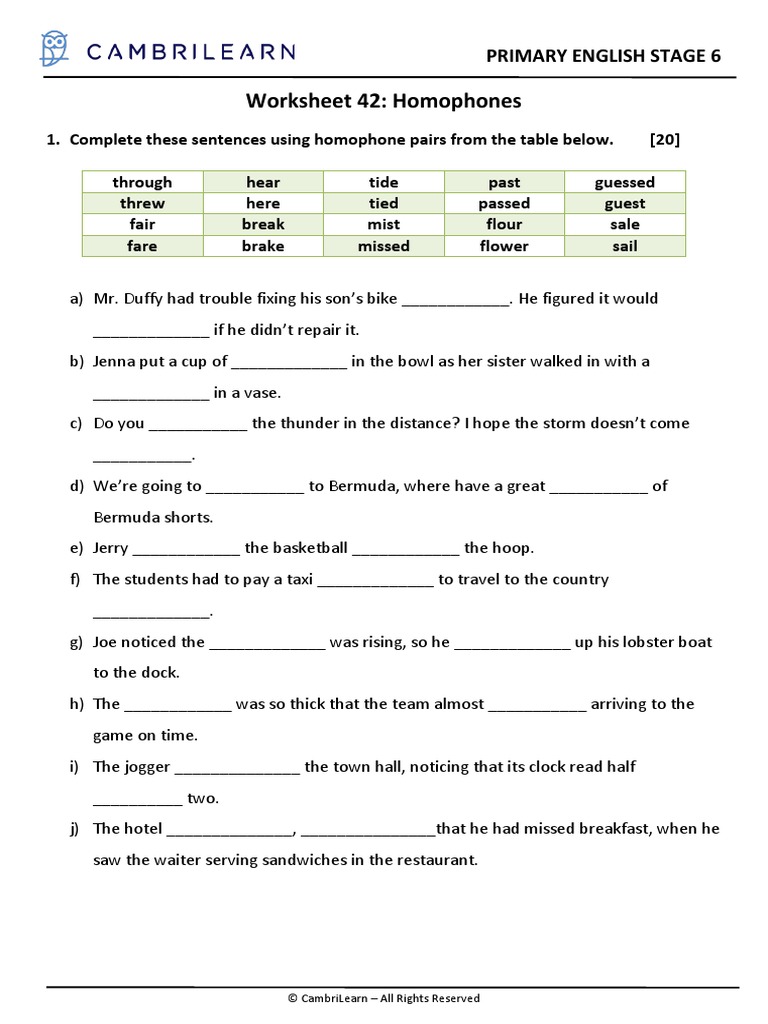 Worksheet 42 - Homophones | PDF