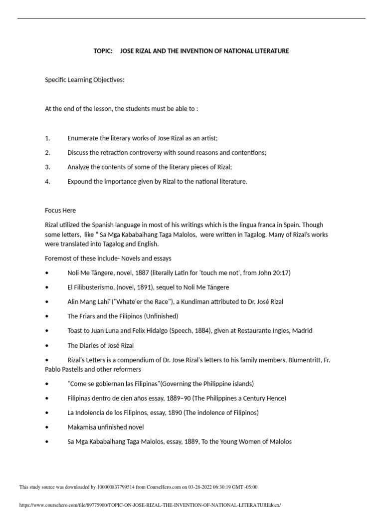 Topic On Jose Rizal The Invention of National Literature | PDF