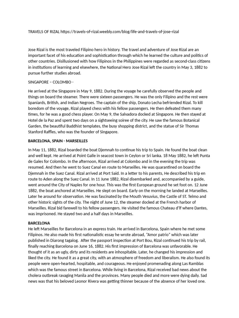 TRAVELS OF RIZAL - Aiza | PDF