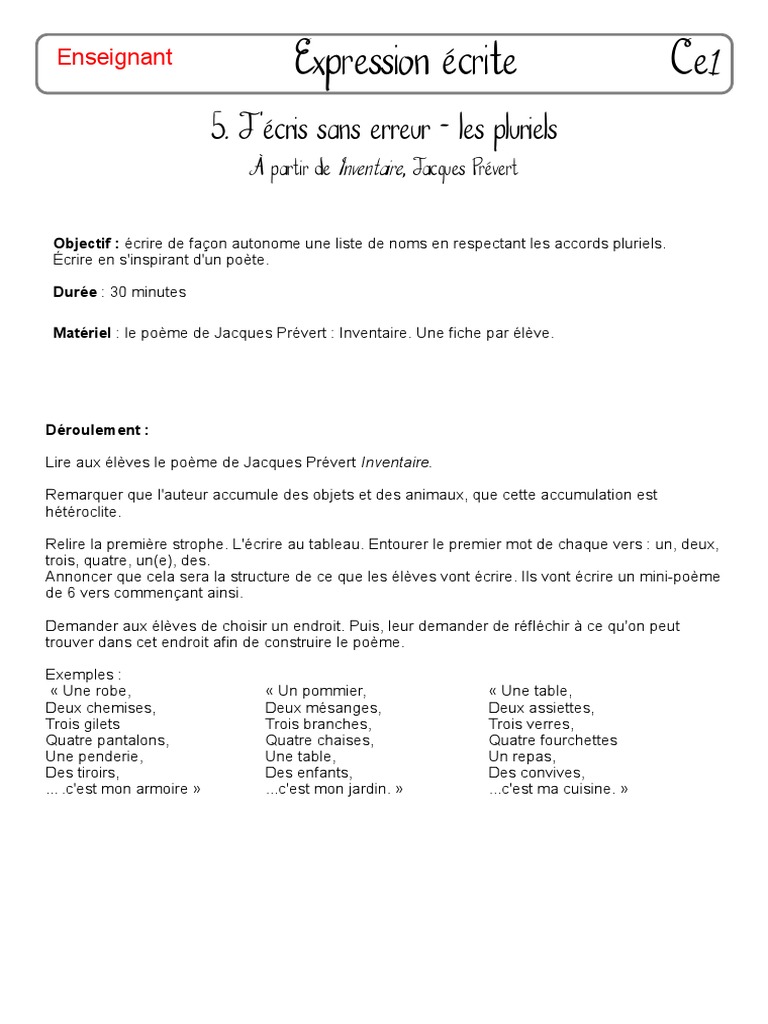 J Ecris Sans Erreur Atelier D Ecriture Prevert | PDF | Jeunes adultes