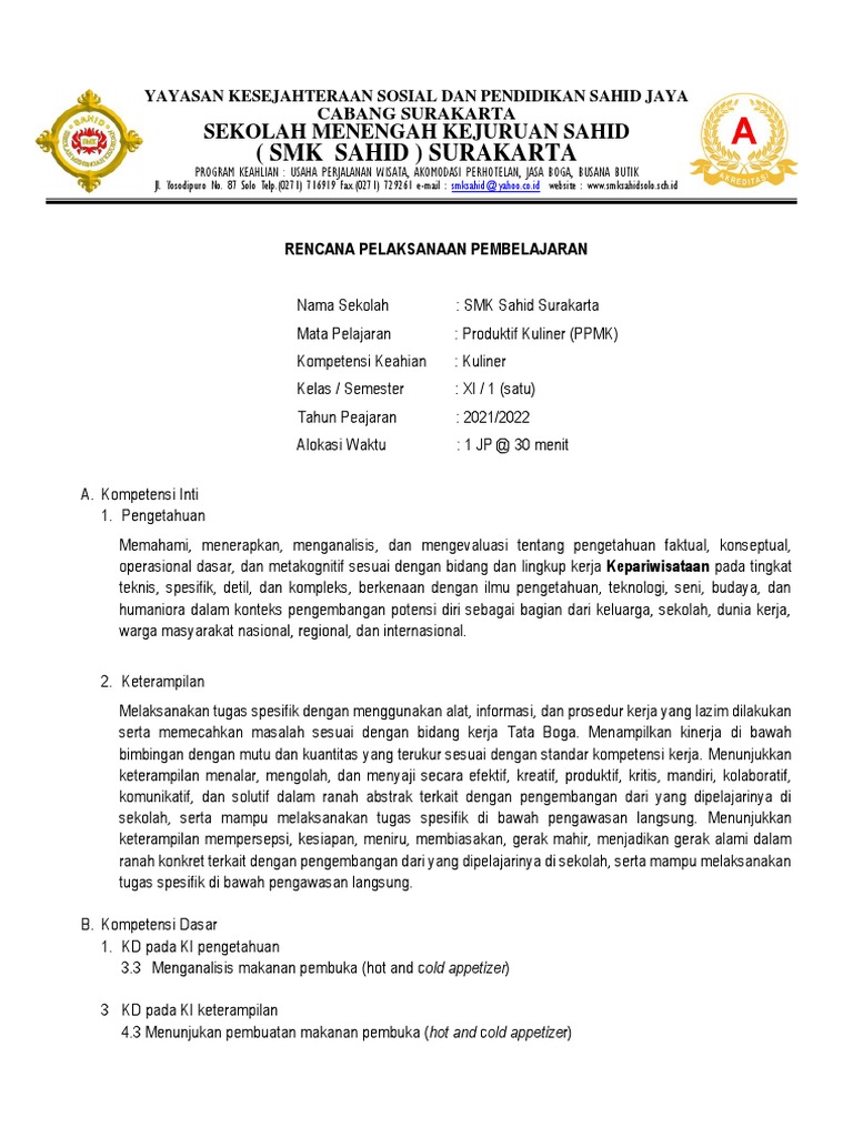 RPP Pembelajaran Kuliner Salad | PDF