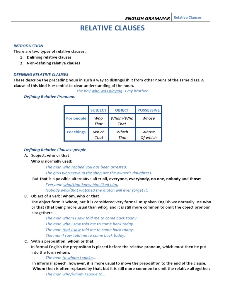Relative Clauses | PDF | Subject (Grammar) | Syntax