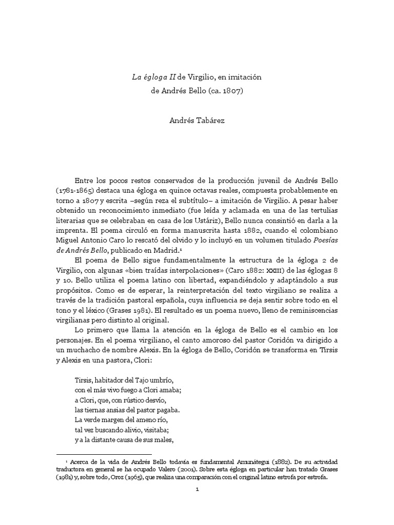 La Egloga II de Virgilio en Imitacion de Andres Bello Ca 1807 | PDF