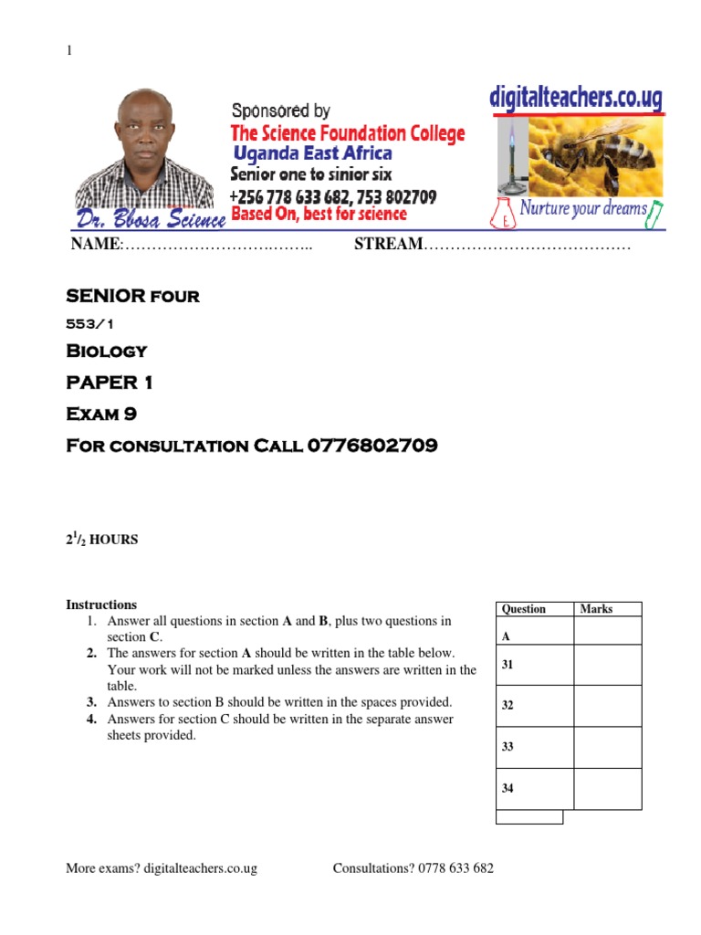 S4 Biology Exam Paper 1 2025 | PDF | Vertebral Column | Human Body