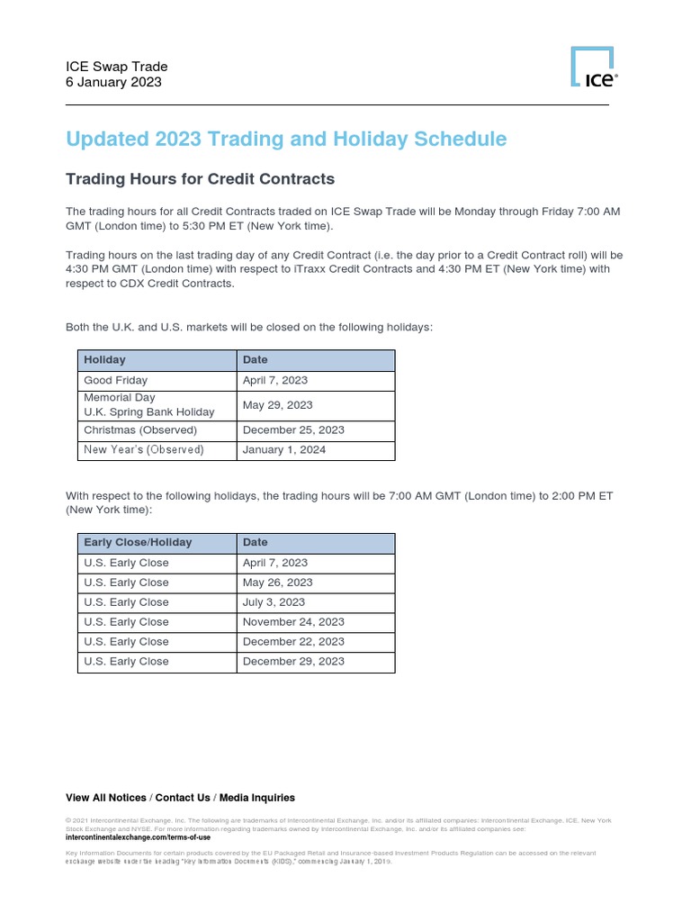 ICE Swap Trade 2023 Trading Schedule | PDF | New York Stock Exchange | Business