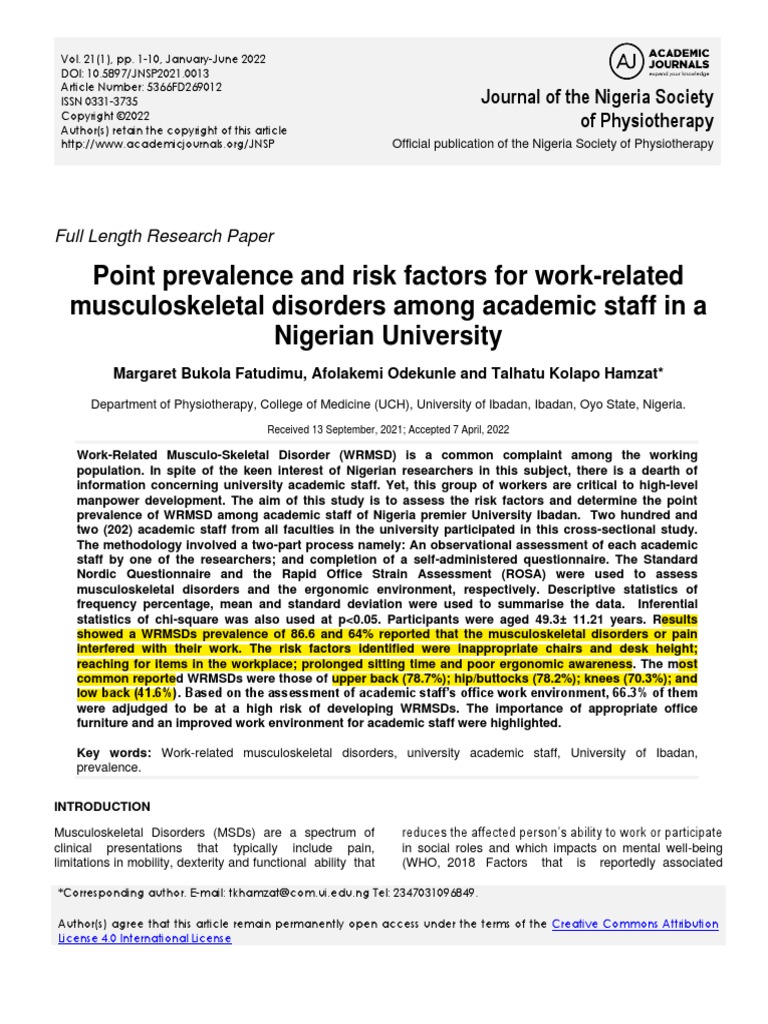 Fatudimu 2022. Point Prevalence and Risk Factors For Work-Related ...