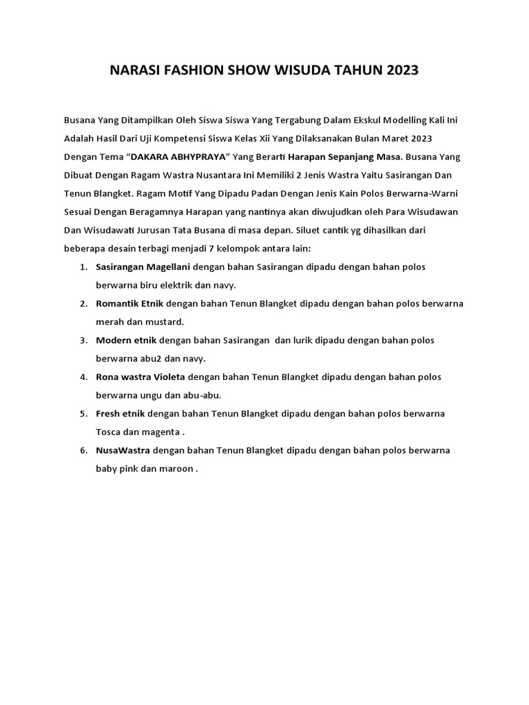 Narasi Fashion Show Wisuda Tahun 2023 | PDF