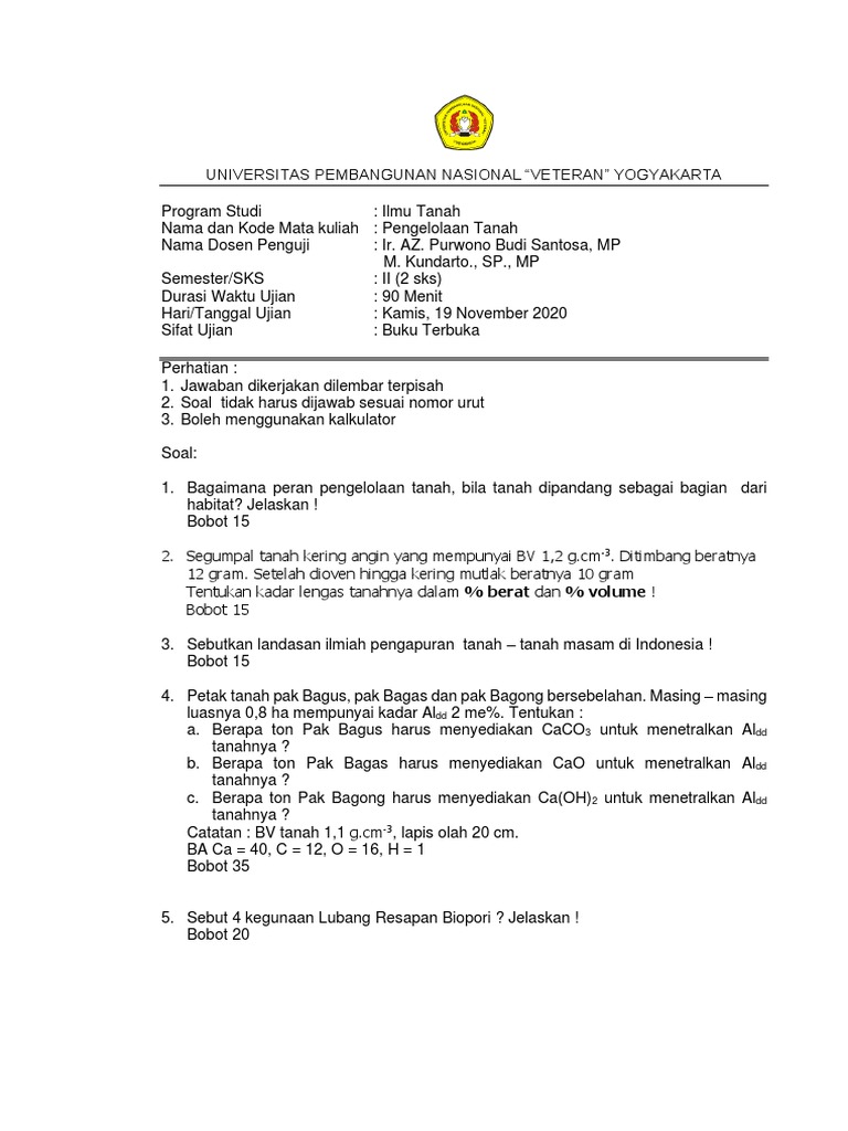 Soal UTS 2020 Pengelolaan Tanah Dan Air | PDF