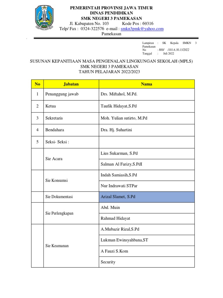 Susunan Panitia MPLS | PDF