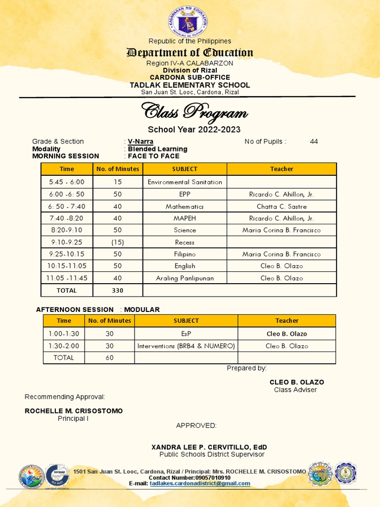 Grade 5 Class Schedule | PDF | Cognitive Science | Teaching