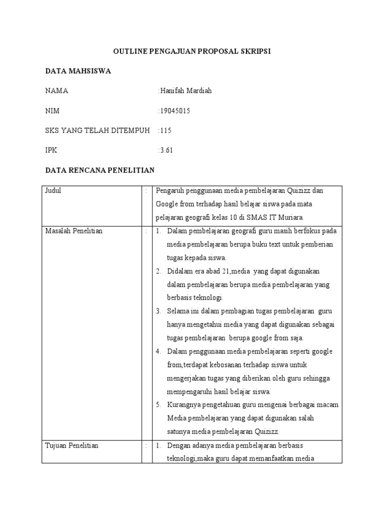 OUTLINE PENGAJUAN PROPOSAL SKRIPSI Judul 2 | PDF