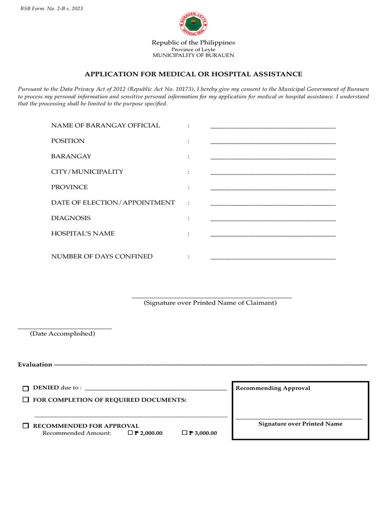 BSB FORM NO. 2-B - Application For Medical or Hospital Assistance | PDF
