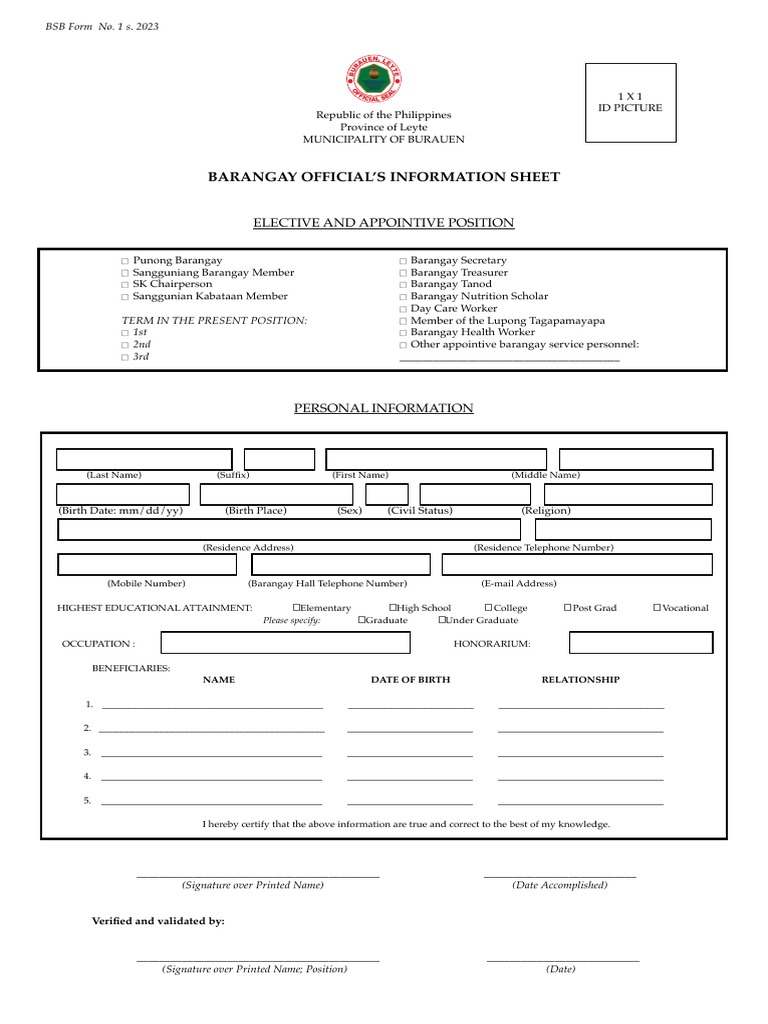 BSB FORM NO. 1 - Barangay Official's Information Sheet | PDF