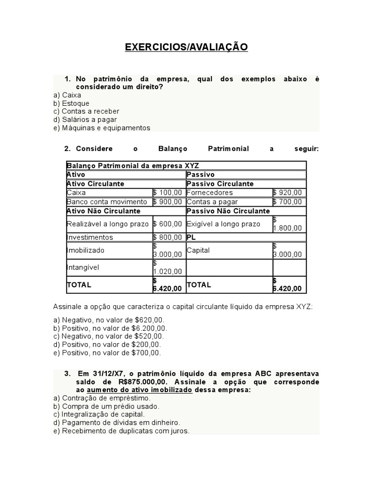 Exercicios de Contabilidade 1 | PDF | Balancete | Contabilidade
