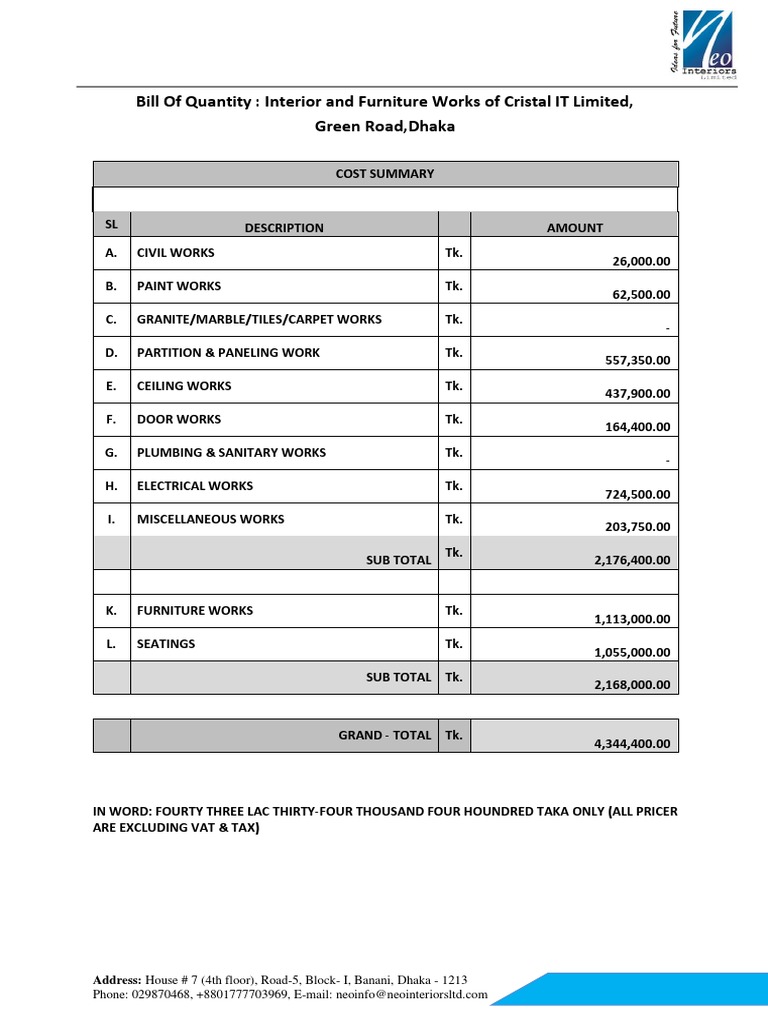 Interior & Furniture Works BOQ Dhaka | PDF | Door | Pipe (Fluid Conveyance)