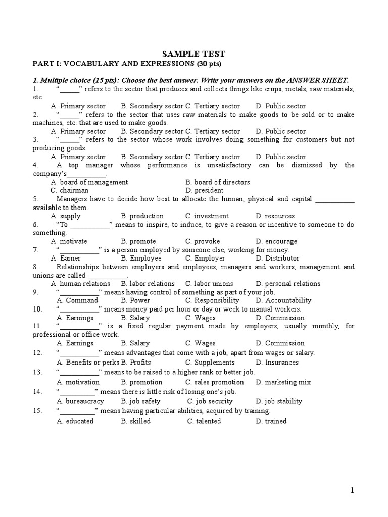 Sample Test | PDF | Market (Economics) | Employment