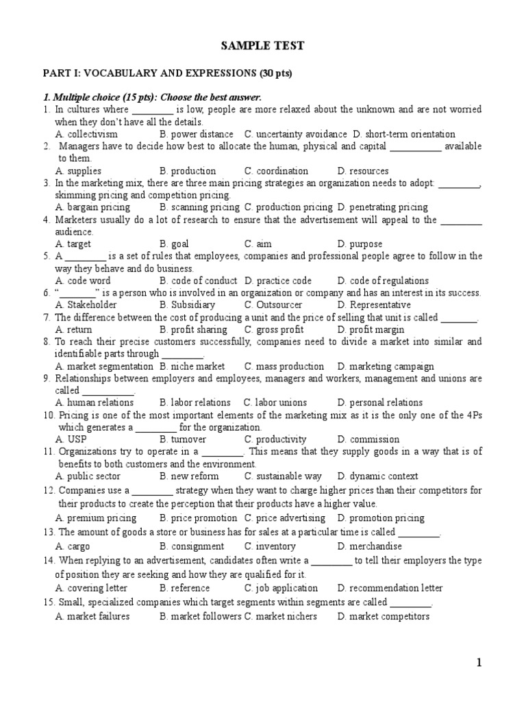 Business Sample Test VB2 | PDF | Marketing | Pricing