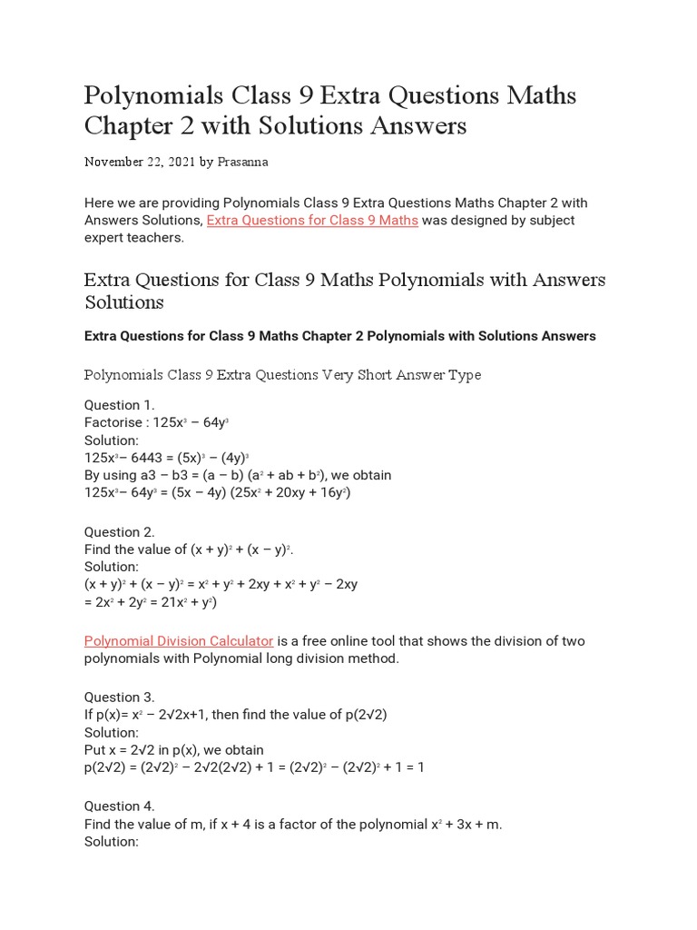 Polynomials Class 9 Extra Questions Maths Chapter 2 with Solutions Answers | PDF | Factorization ...
