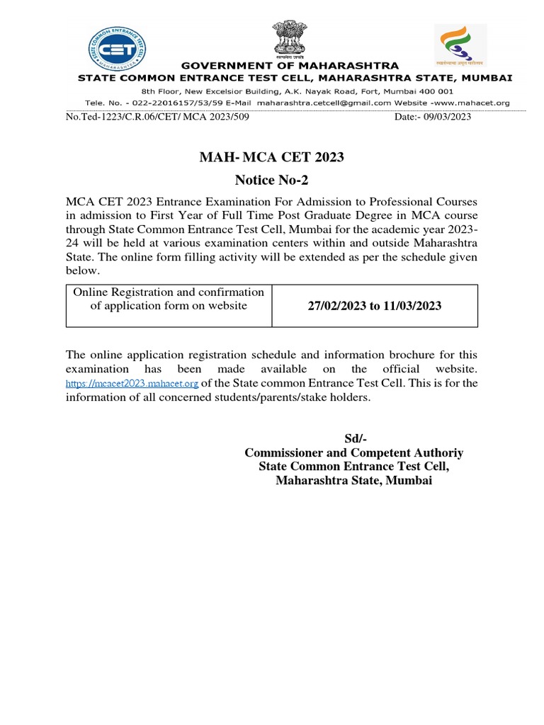 Mah-MCA CET 2023 Notice No-2 | PDF