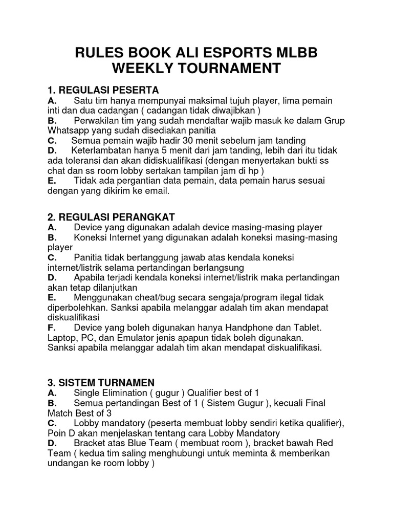 Rules Book Honda Bes Motor MLBB Weekly Tournament | PDF