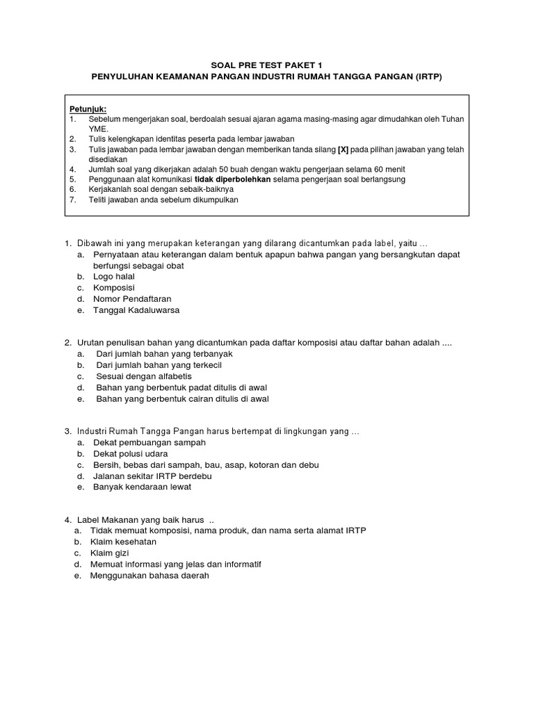 Soal Pretest Keamanan Pangan IRTP | PDF