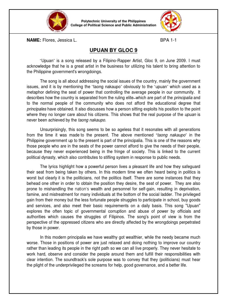 Upuan by Gloc 9 Reflection Paper | PDF