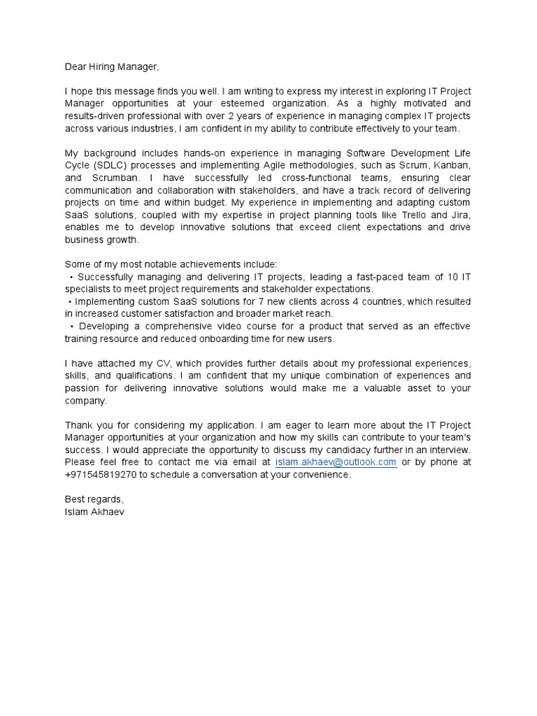 Cover Letter Project Manager | PDF