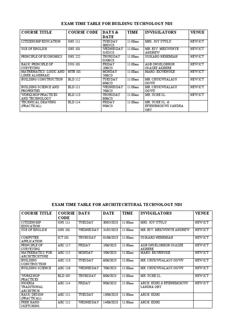 Exam Time Table For Building Technology Ndi | PDF | Mathematics | Science