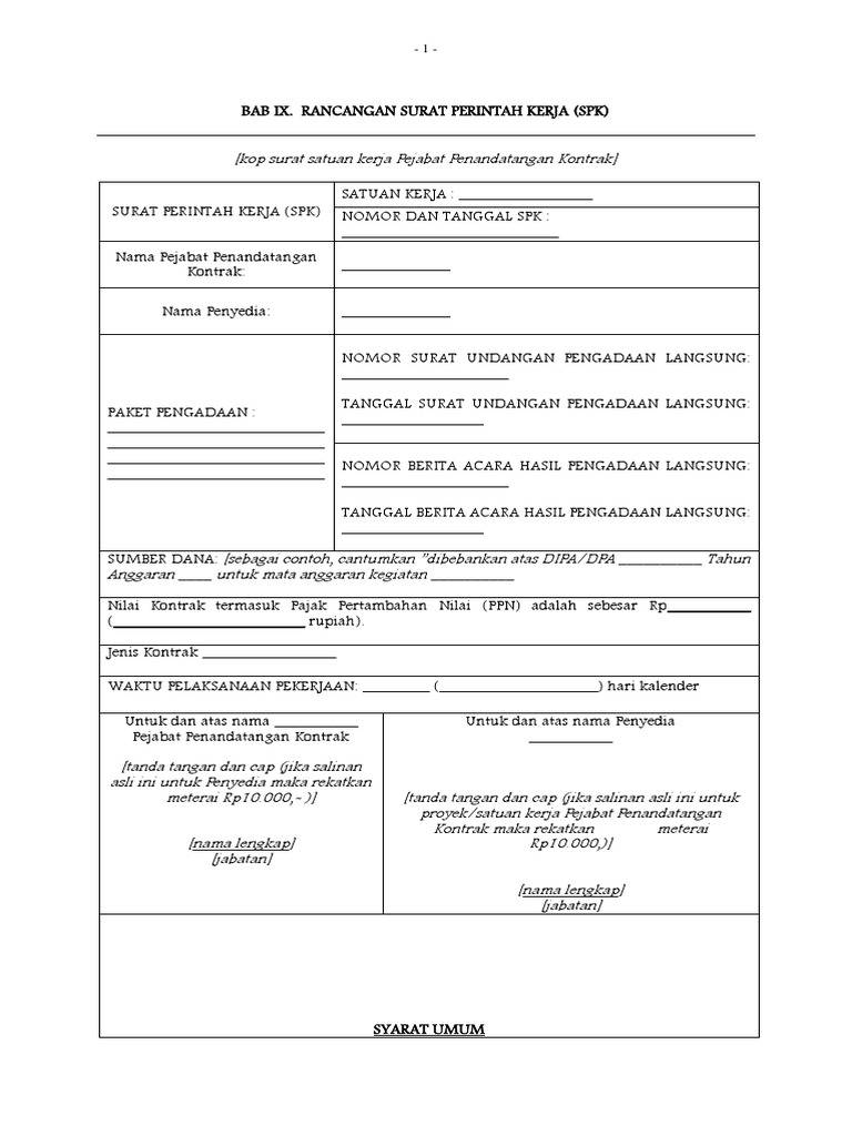 Rancangan Surat Perintah Kerja (SPK) | PDF | Bisnis | Pengelolaan ...